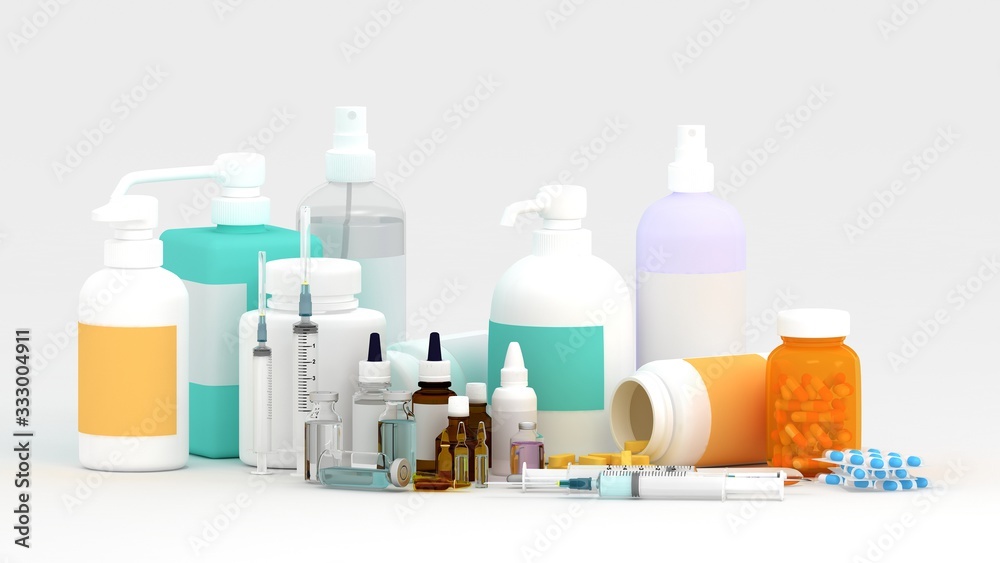 3D drugs and medical staf for treatment medication. Pharmaceutical ...