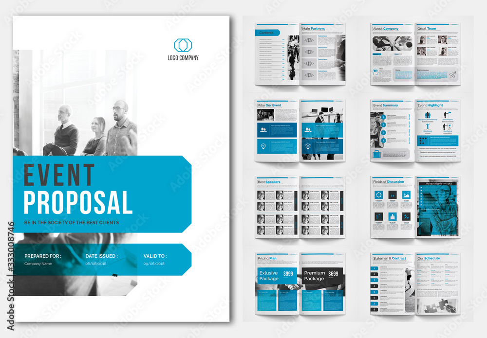 Event Proposal Layout with Blue Accents Stock Template | Adobe Stock