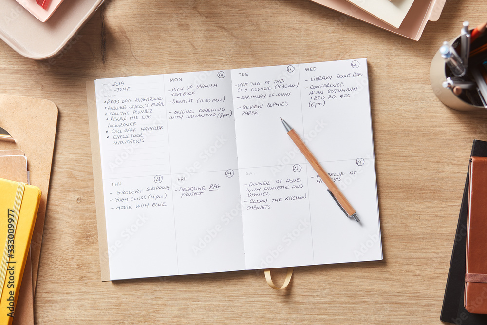 Composition of planner on working desk Stock Photo | Adobe Stock