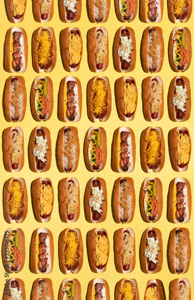 Different Hot Dogs In Overhead Pattern Stock Photo | Adobe Stock
