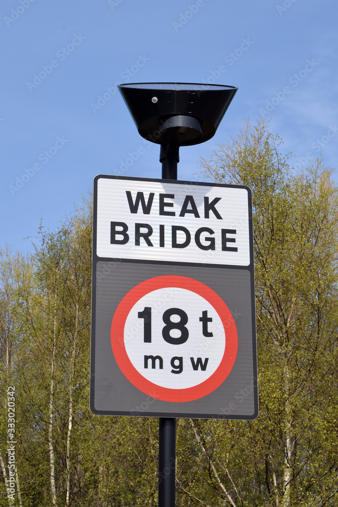 Road Sign 'Weak Bridge' & Weight Limit-on Black Metal Pole with Solar ...