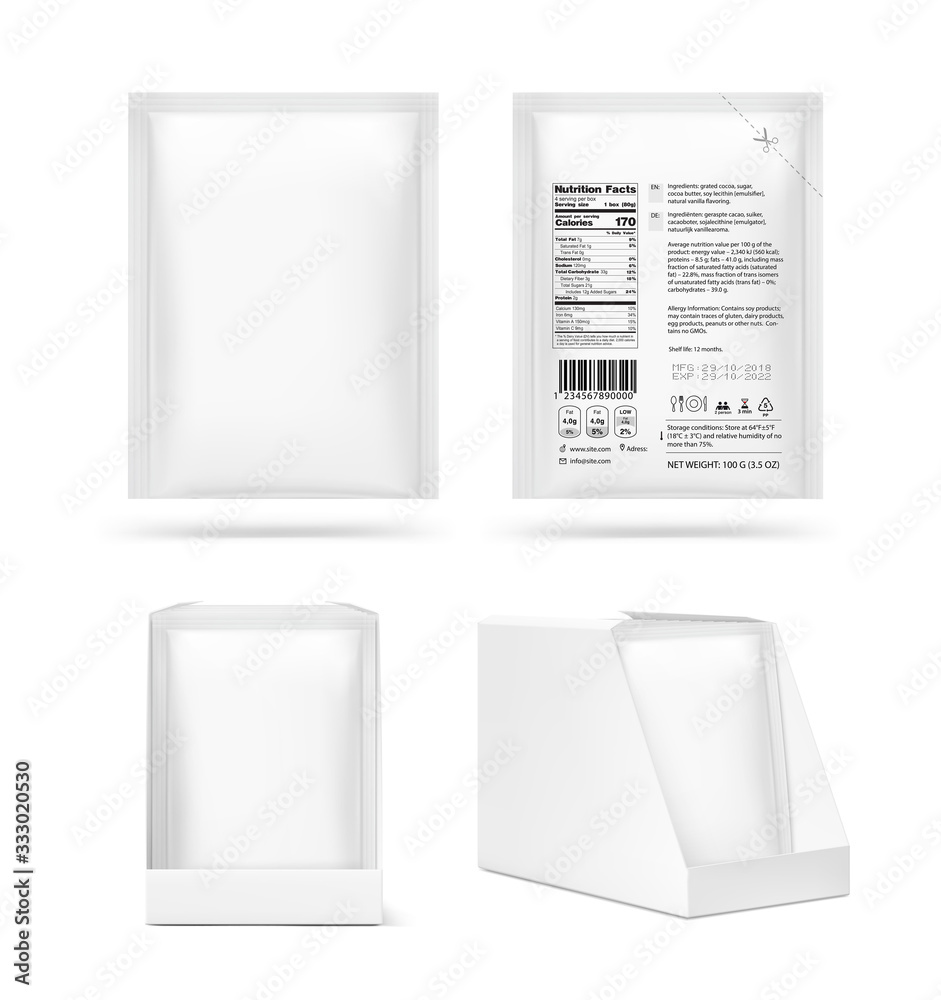 Set of blank sachet packaging in the show box mockup for food, cosmetic ...