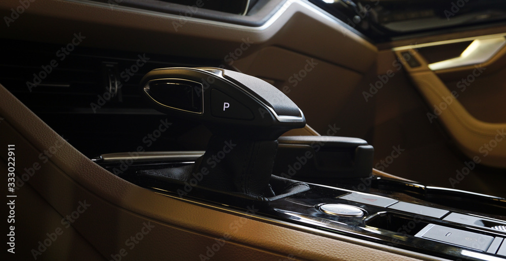 Automatic transmission control lever of a modern luxury car. Interior ...