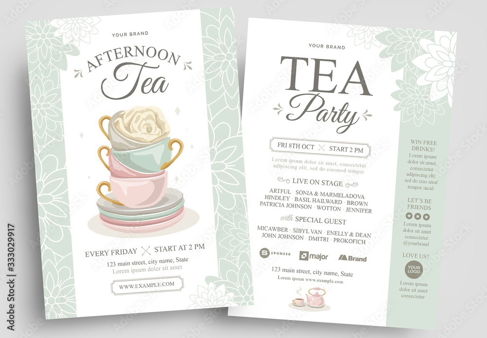 Afternoon Tea Flyer Layout with Pastel Watercolor Illustrations Stock ...