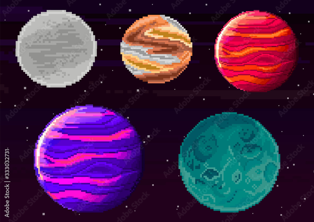 Set Of Pixel Planets For Game Vector Of Starry Sky In Retro Pixel Art Style Planet Jupiter