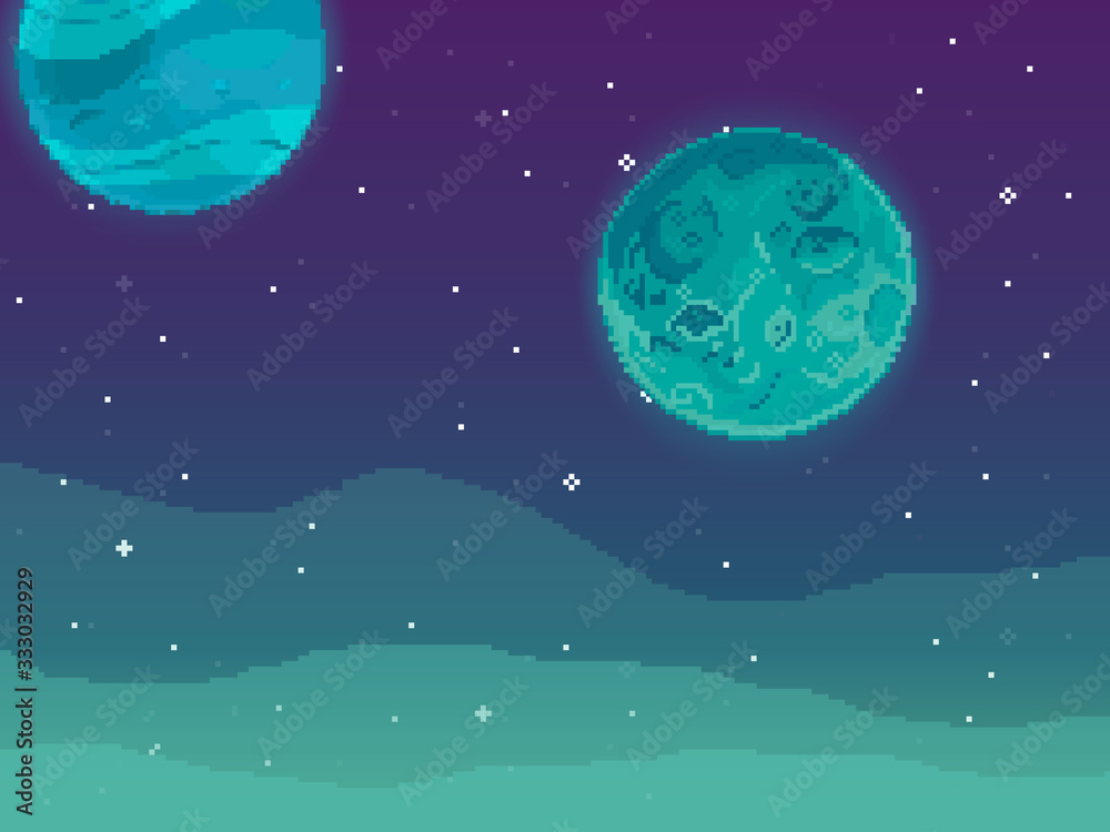 Planet in space. Retro game design interface. Retro computer stars for ...