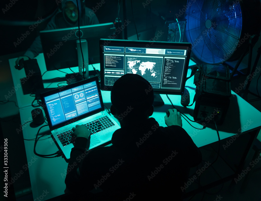 Internet fraud, darknet, data thiefs, cybercrime concept. Hacker attack on government server ...