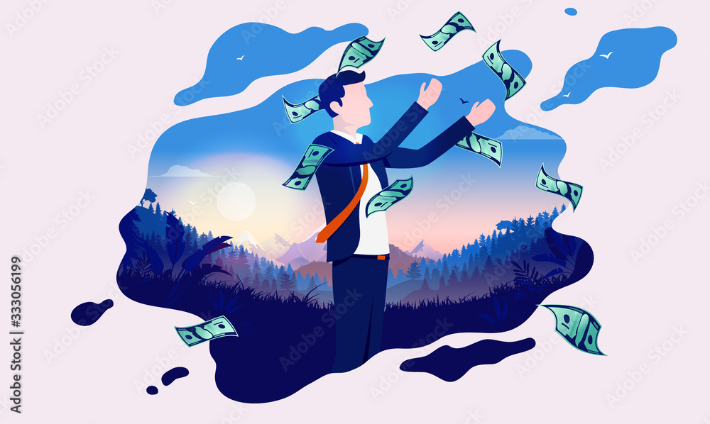Dreaming of financial freedom - Raining money on man in dream bubble ...