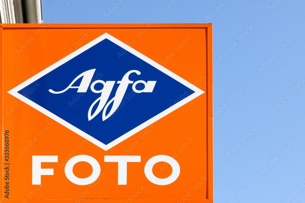 Aarhus, Denmark - August 12, 2015: Agfa logo on a wall. Agfa photo is a ...