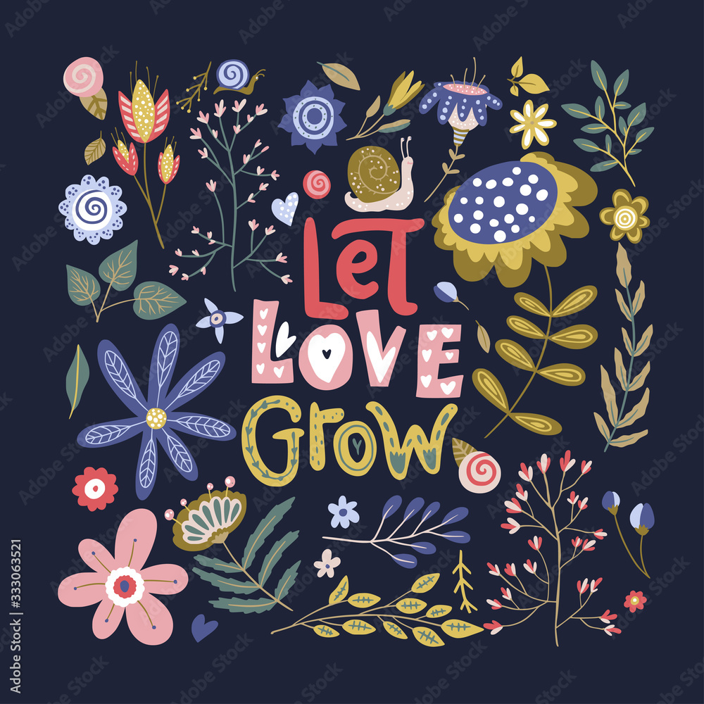 Floral color vector lettering card in a flat style. Ornate flower ...