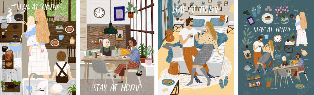 Stay at home! Set posters of Coronavirus quarantine, self isolation ...