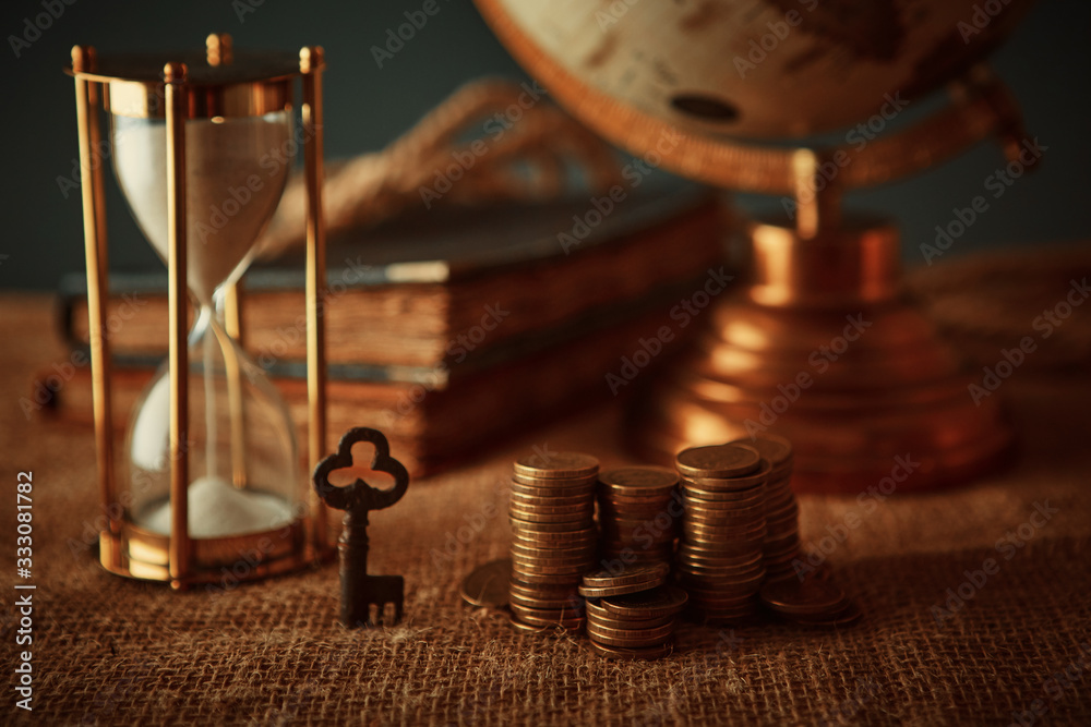 Old globe, coins, magnifying glass, keys to chests, rope, pirate map ...
