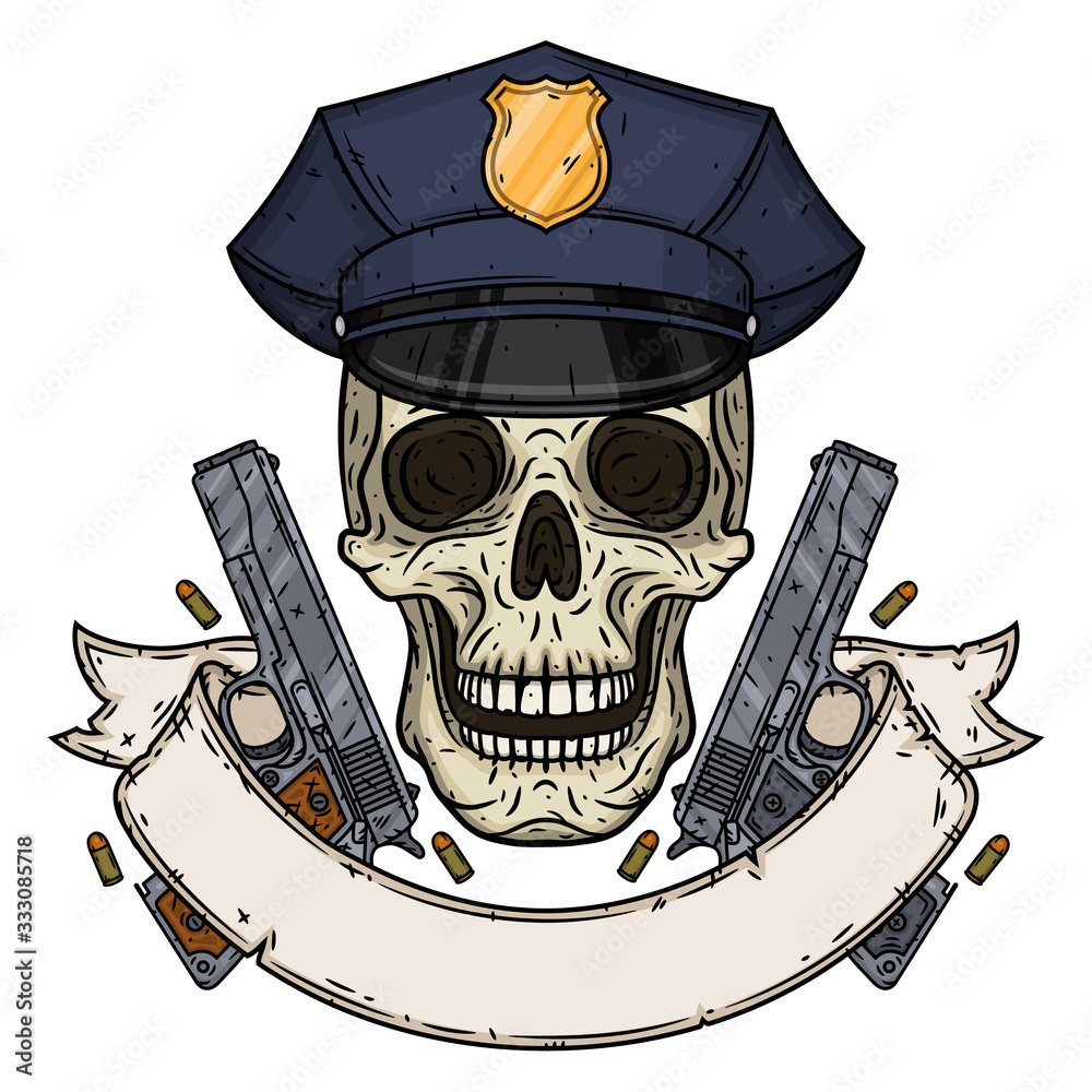 Policman. Vector illustration of human skull in police cap and two ...