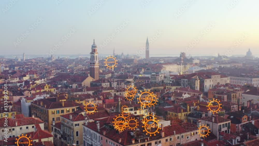 COVID-19 Pandemic on city background, aerial view of bacteria particles ...