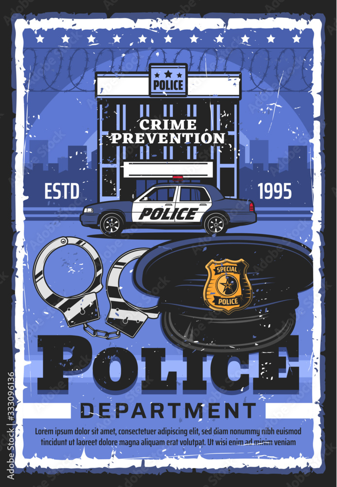 Police department vector design with police station building, cop car ...