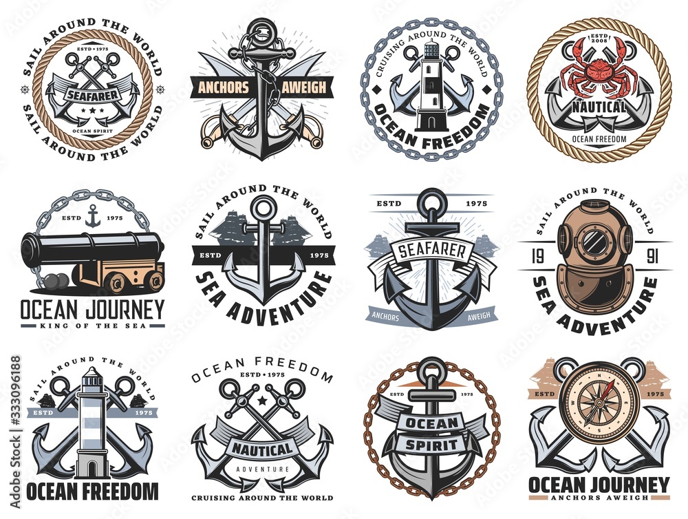 Nautical icons of sea travel and ocean adventure vector design. Ship ...