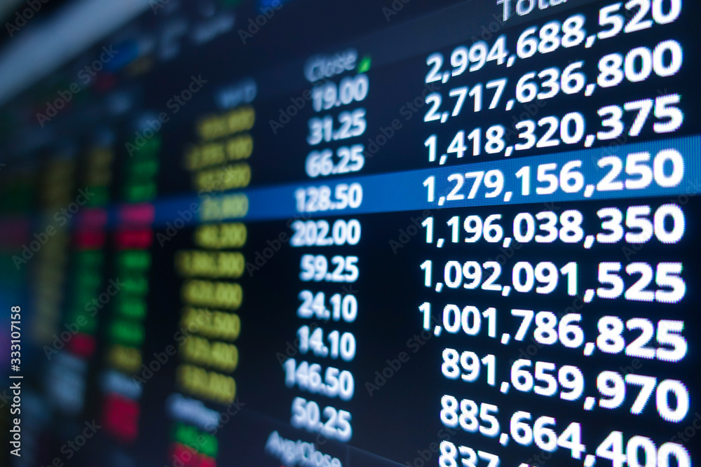 Stock market trading ticker on screen monitor background. Financial ...