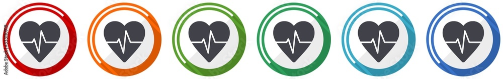 Pulse icon set, flat design vector illustration in 6 colors options for ...