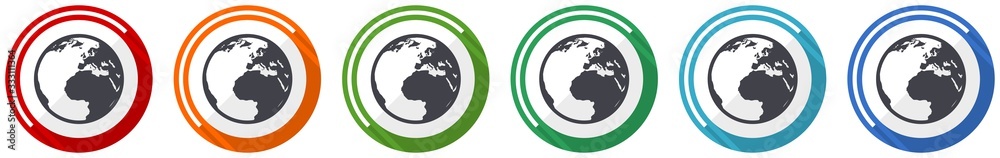 Earth icon set, flat design vector illustration in 6 colors options for ...