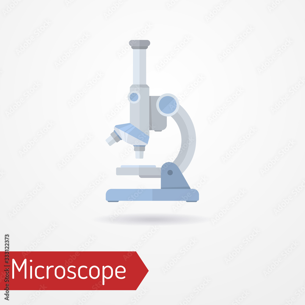Typical modern scientific laboratory microscope. Isolated tool in flat ...