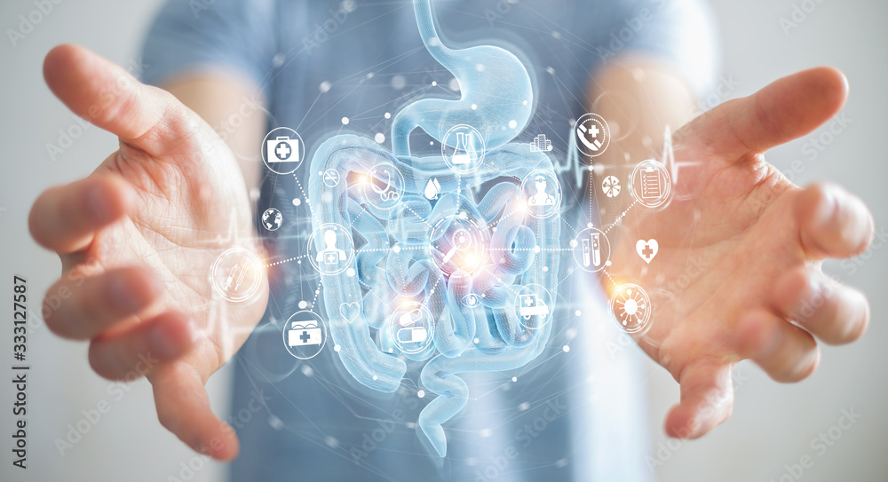 Man using digital x-ray of human intestine holographic scan projection ...