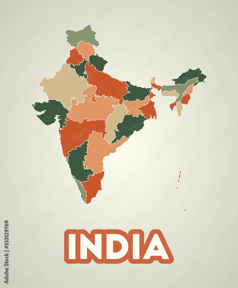 India poster in retro style. Map of the country with regions in autumn ...