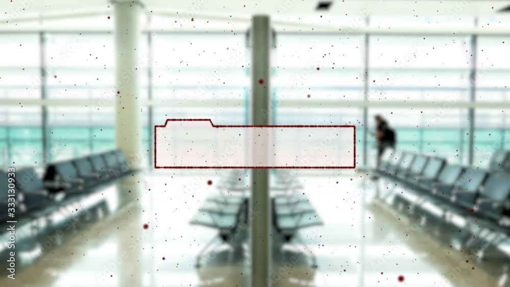 CORONAVIRUS particle animation overlaid on an empty airport lounge of a ...