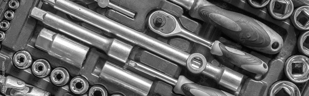 Black and white men tools background. Worker tools and equipment close ...