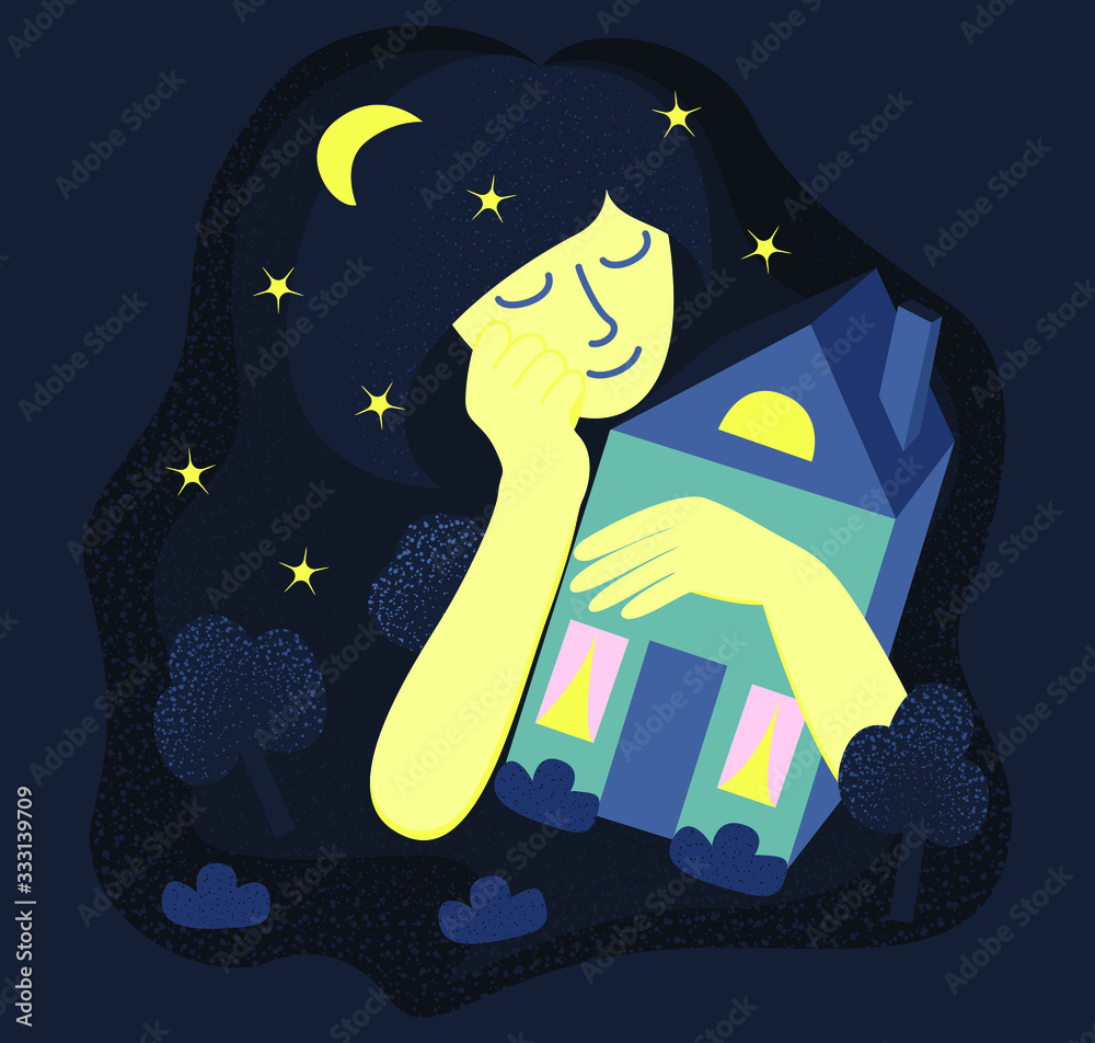 Girl hug her house. Harmony of nature and one house. Night sky ...