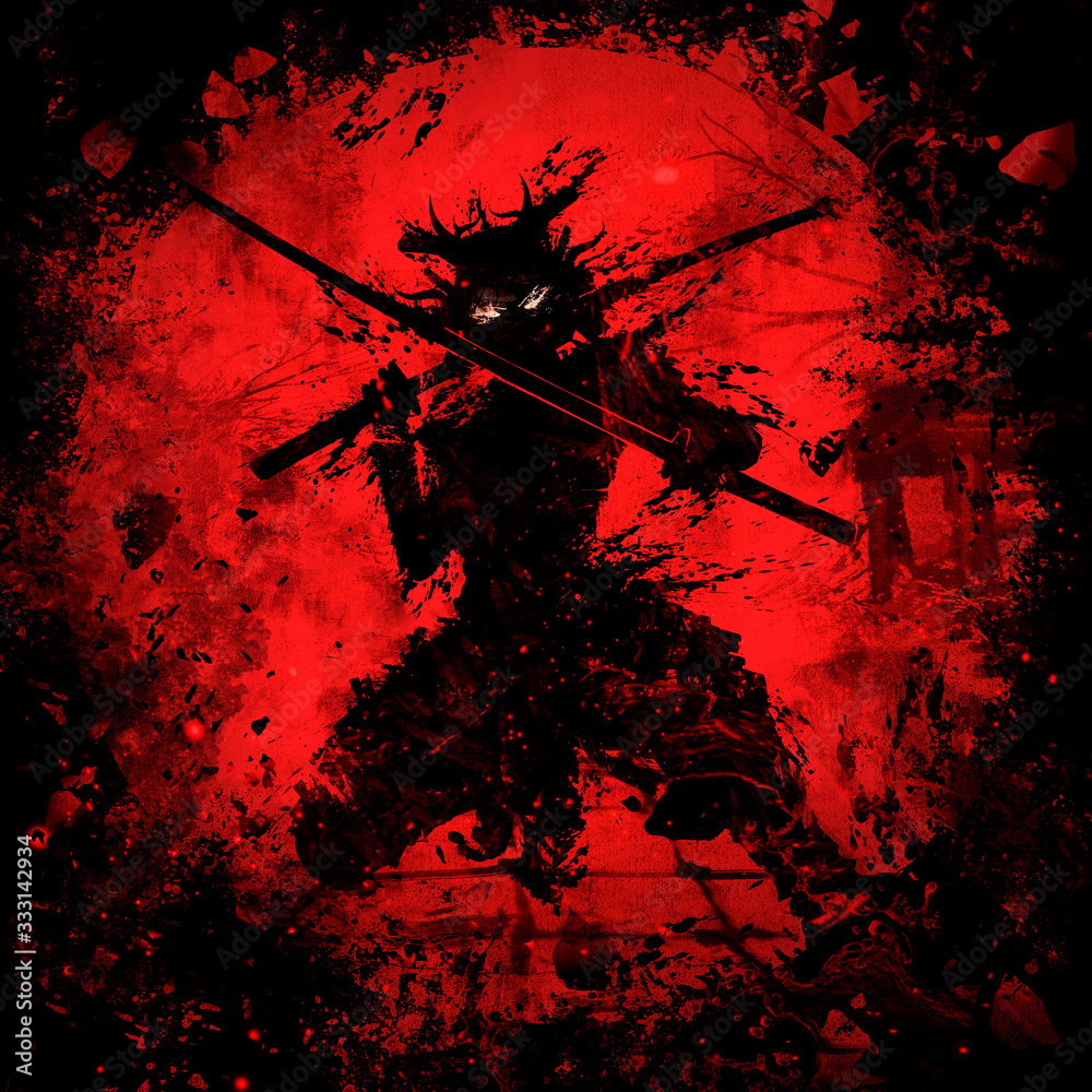 A black silhouette of a samurai in full gear, in a low stance with two ...