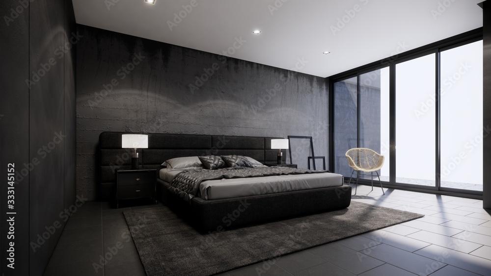 black bedroom concept with modern, minimal and loft style, looking out ...