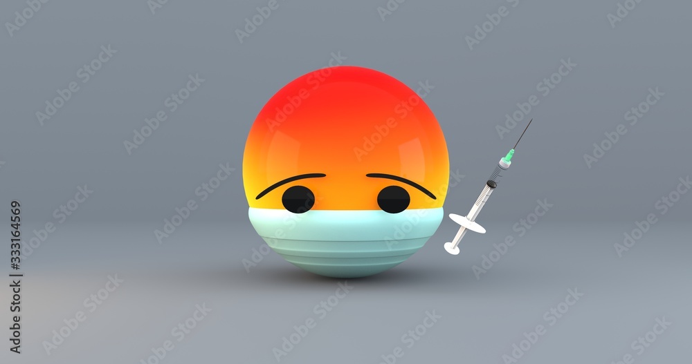 Sad emotion sick with mask coronavirus and Syringe reaction symbol icon ...