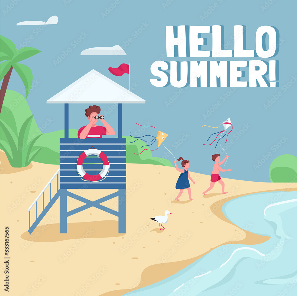 Beach safety, lifeguard tower social media post mockup. Hello summer ...