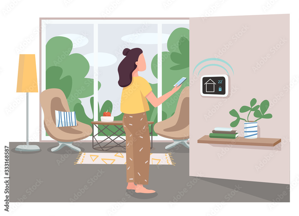 Girl using smart home management panel flat color vector faceless ...