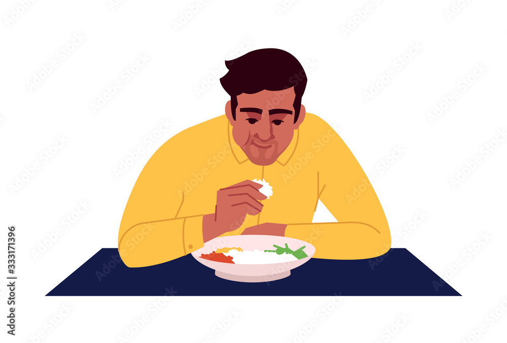 Indian man eating rice with hands semi flat RGB color vector ...