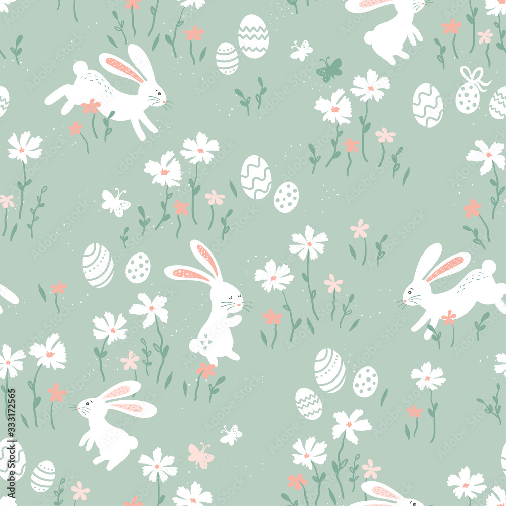 Cute hand drawn Easter seamless pattern with bunnies, Easter eggs and ...