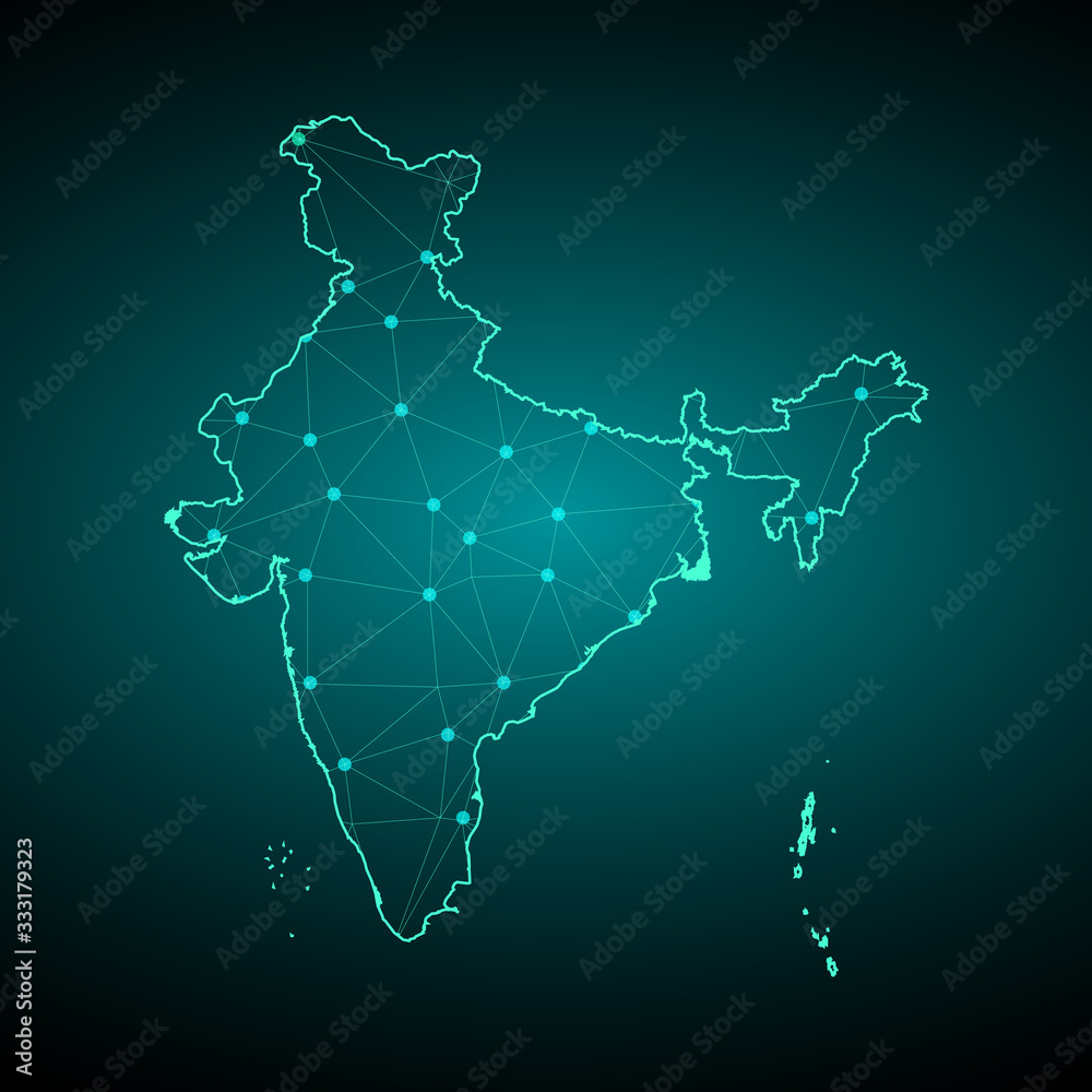 Map of India. Wire frame 3D mesh polygonal network line, design sphere ...