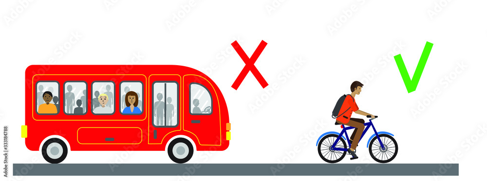 Avoid Public Transport concept. Crowded passenger bus. Man uses ...