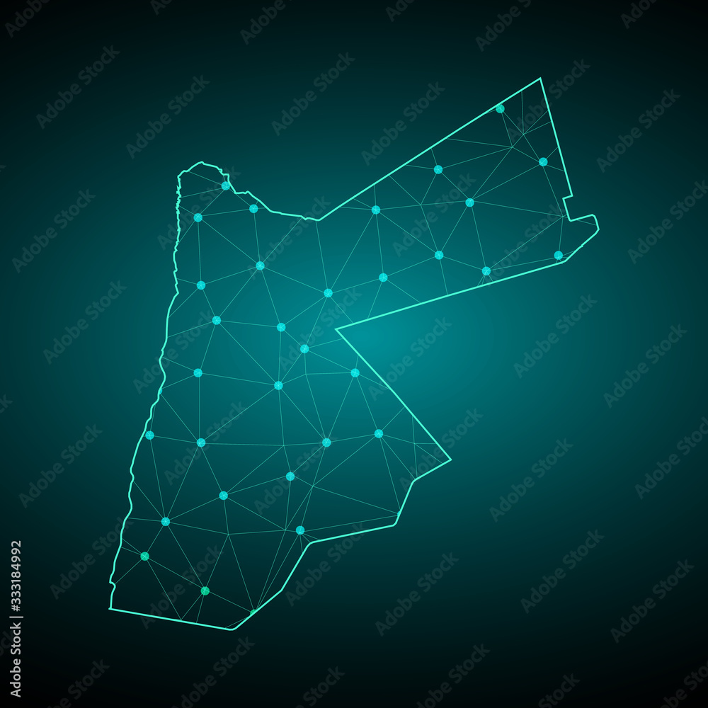 Map of Jordan. Wire frame 3D mesh polygonal network line, design sphere, dot and structure ...