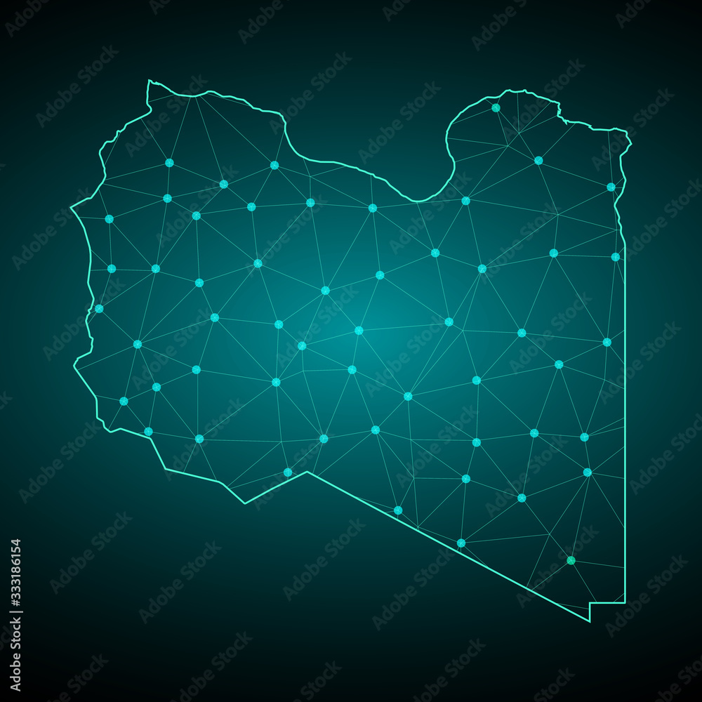 Map of Libya. Wire frame 3D mesh polygonal network line, design sphere ...