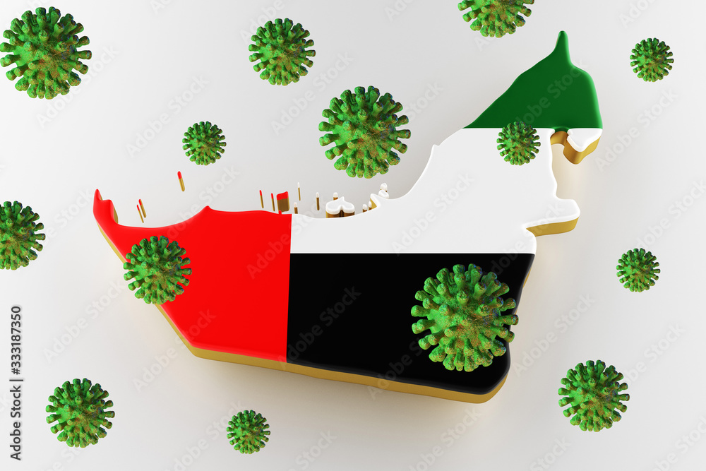 UAE map image with flag. Land plot of UAE. UAE flag on a map. 3d render ...