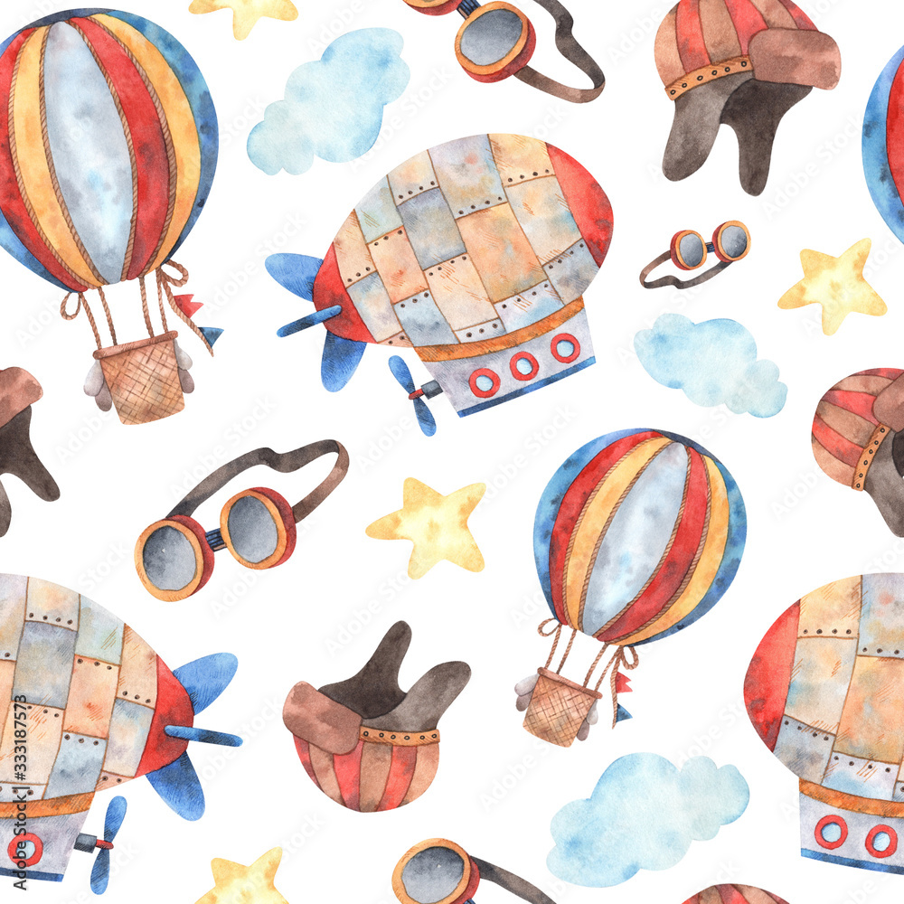 Seamless pattern on the theme of air transport with an airship, balloon ...