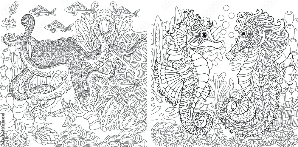 Coloring pages. Underwater landscapes with octopus and seahorses. Stock ...