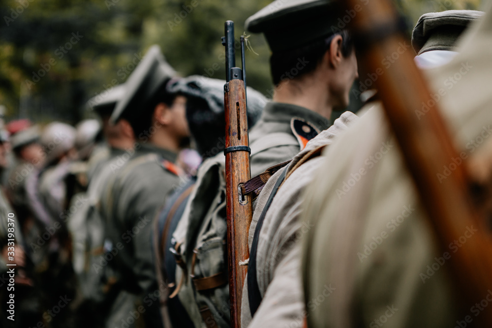 13.10.2019 Vinnitsa, Ukraine: military actors hold weapons of World War ...