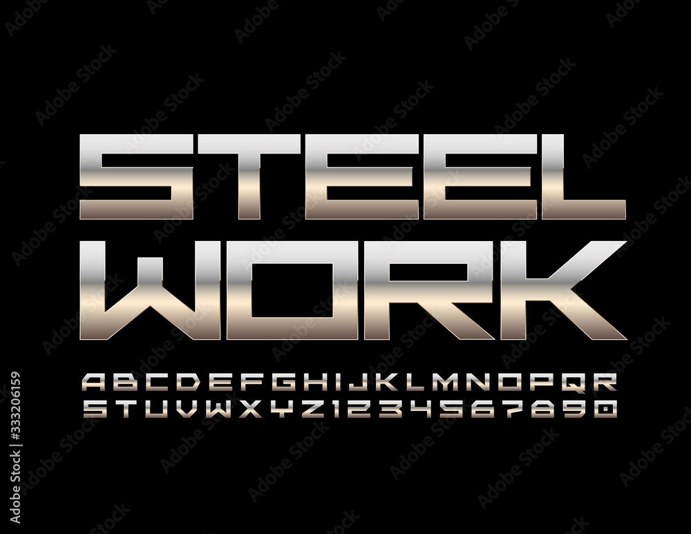 Vector techno logo Steel Work with metallic Font. Chrome Alphabet ...