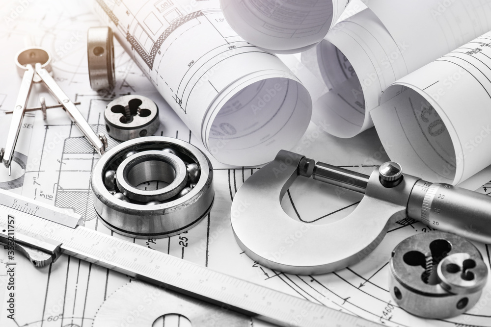 Technical drawings with measure tools. Pencil, measurement. Papers with ...