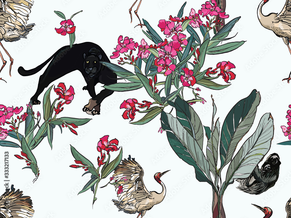 Pantera, Crane, Sloth in Jungle Forest with Palms and Small Pink ...