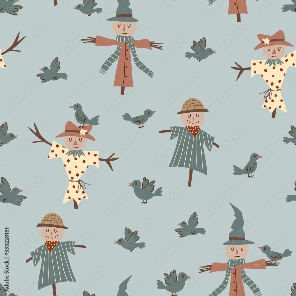 Scarecrows with birds seamless pattern. Cute farm pattern for kids on ...