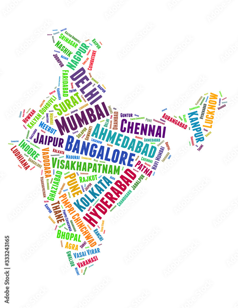 India map and list of cities word cloud concept Stock Illustration ...