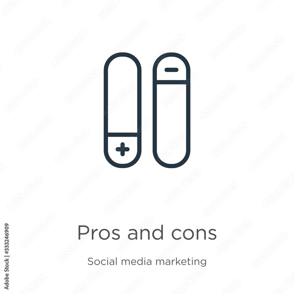 Pros and cons icon. Thin linear pros and cons outline icon isolated on ...
